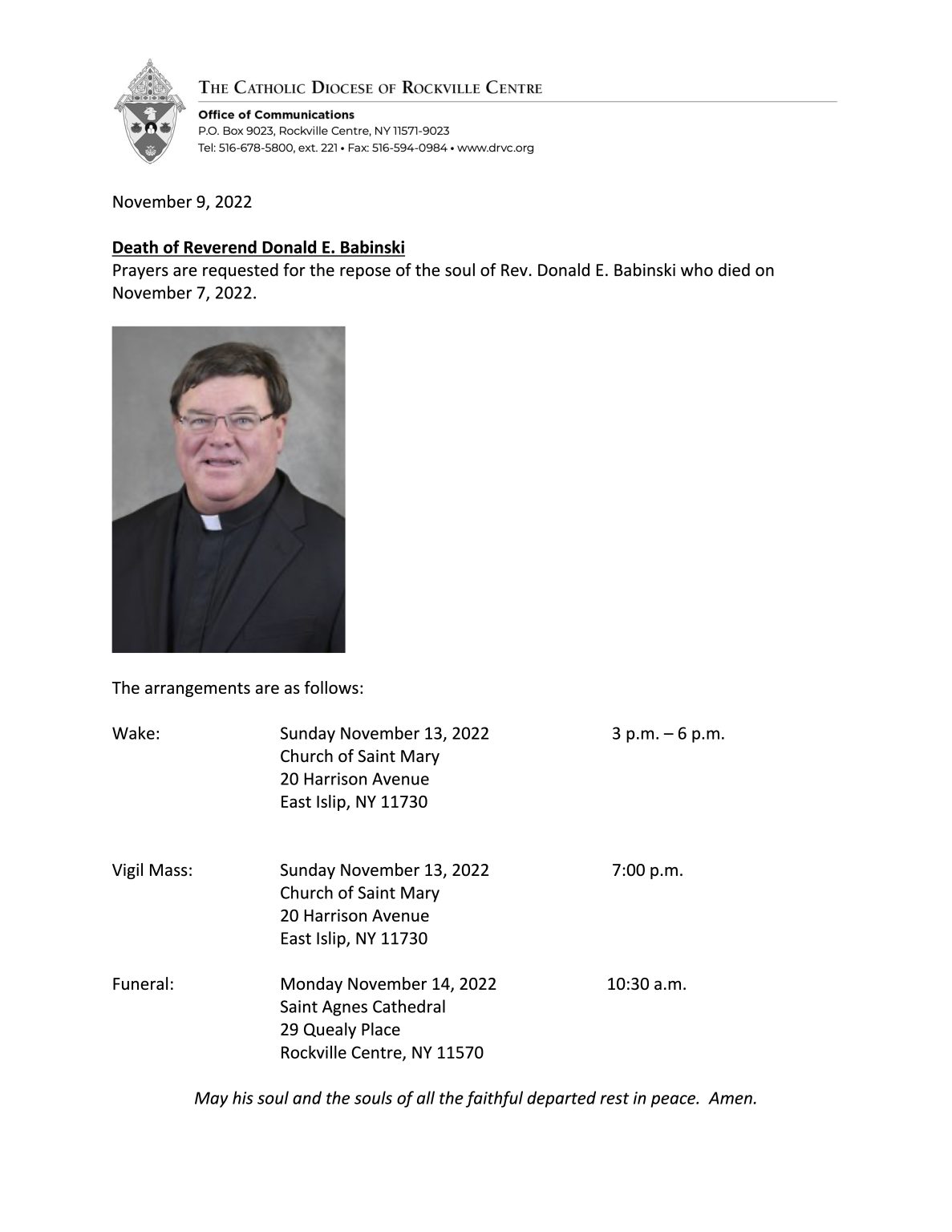 Arrangements for Rev. Donald E. Babinski who died on November 7, 2022 ...